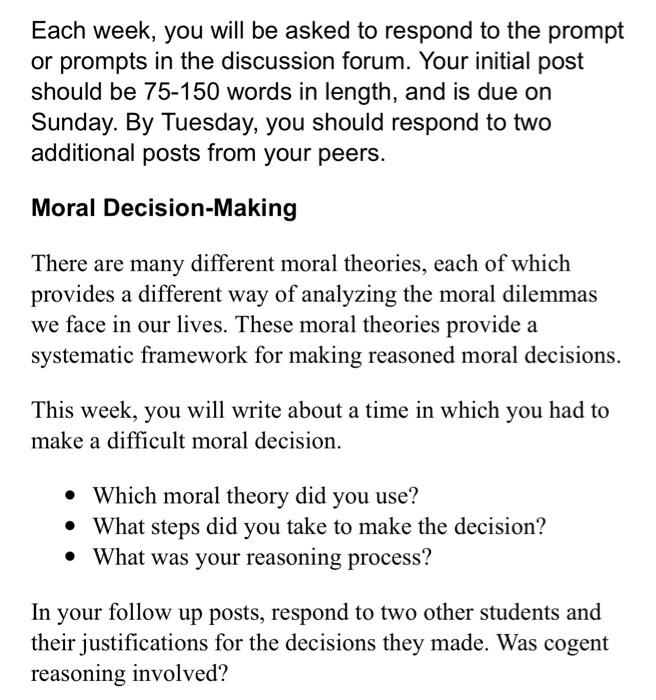Solved Each week, you will be asked to respond to the prompt | Chegg.com