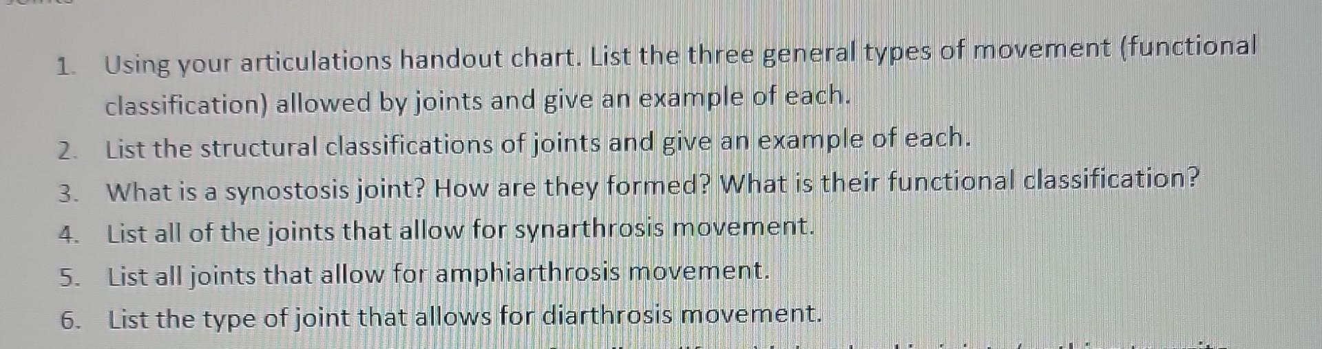 Solved 1. Using your articulations handout chart. List the | Chegg.com