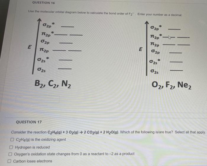 Solved QUESTION 16 Use the molecular orbital diagram below | Chegg.com