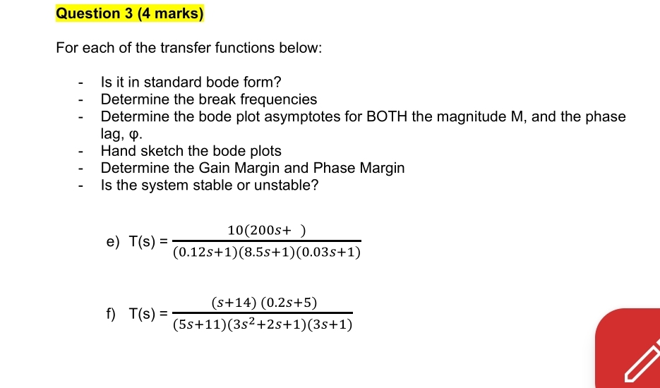 Solved Question 3 (4 ﻿marks)For each of the transfer | Chegg.com