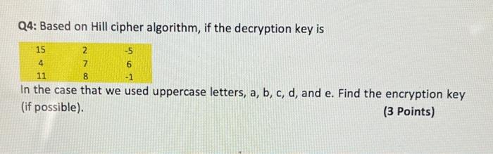 Solved Q4: Based on Hill cipher algorithm, if the decryption | Chegg.com