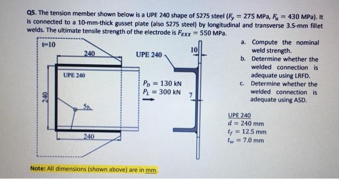 Solved Q5. The tension member shown below is a UPE 240 shape | Chegg.com