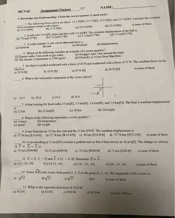 Solved 22 MCV4U Assignment Vectors /37 NAME: 1. Knowledge | Chegg.com