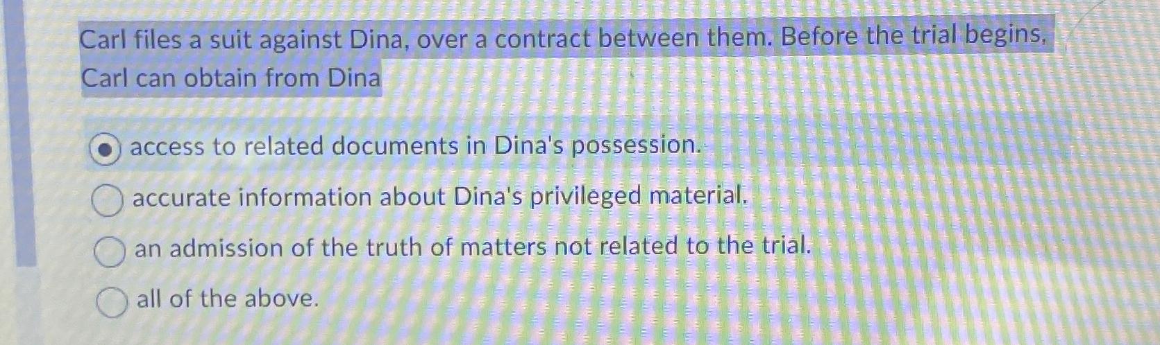 Solved Carl files a suit against Dina, over a contract | Chegg.com