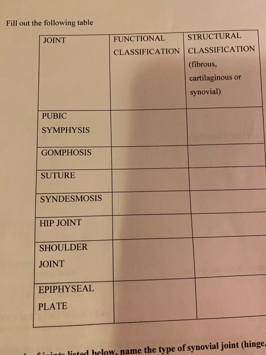 Solved Fill out the following table JOINT FUNCTIONAL | Chegg.com