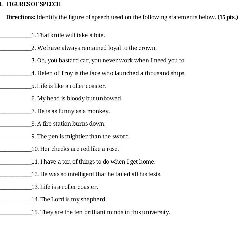 Solved 1. FIGURES OF SPEECH Directions: Identify the figure | Chegg.com