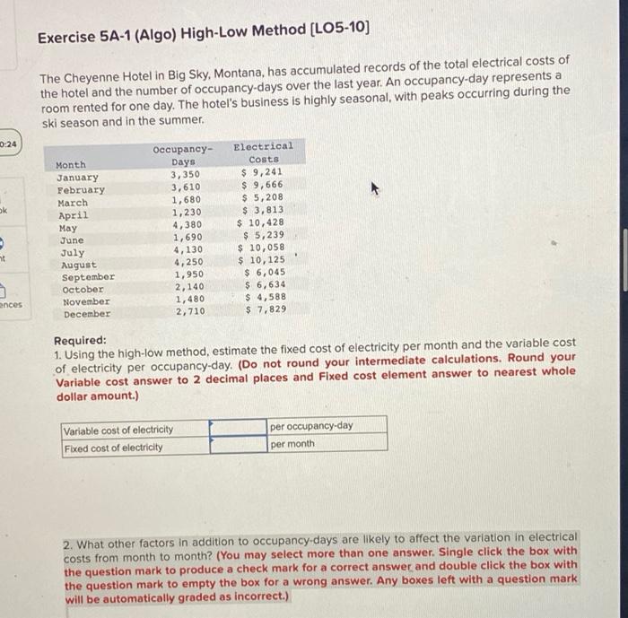 Solved Exercise 5A-1 (Algo) High-Low Method (LO5-10) The | Chegg.com