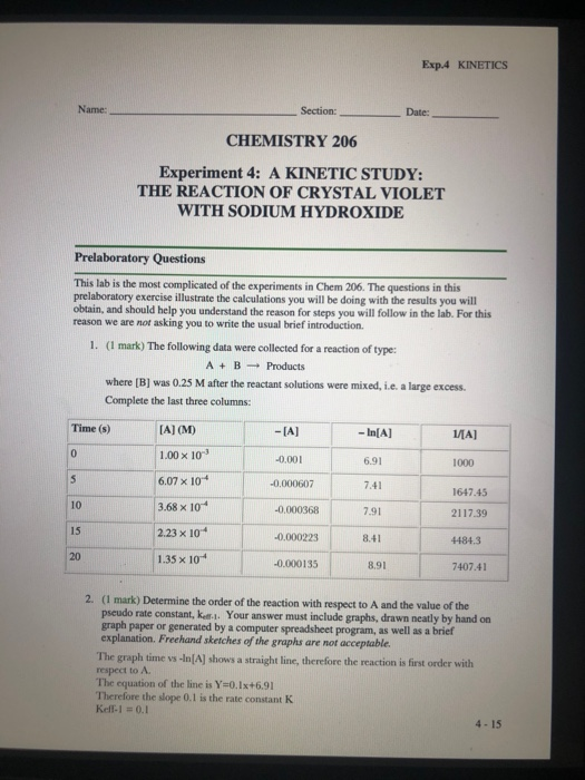 Solved Exp.4 KINETICS Name: Section:- Date: CHEMISTRY 206 | Chegg.com