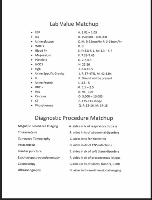 Solved Esr Lab Value Matchup A 1 01 1 03 B 150 000