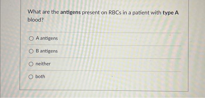 Solved What are the antigens present on RBCs in a patient | Chegg.com