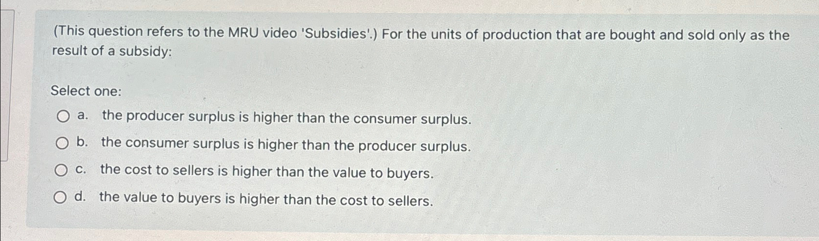 Solved (This question refers to the MRU video 'Subsidies'.) | Chegg.com