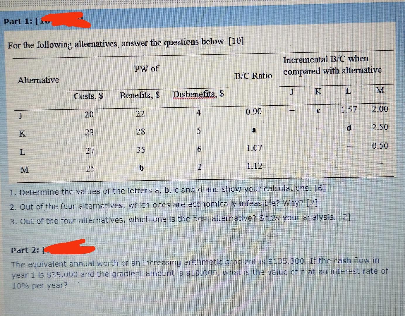 Solved part 1: [ivFor the following alternatives, answer the | Chegg.com