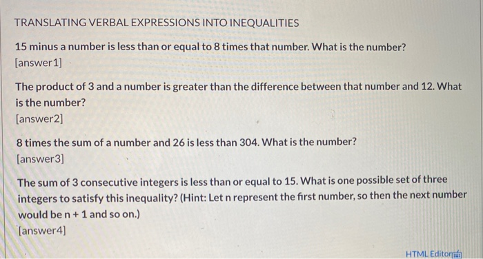 Solved TRANSLATING VERBAL EXPRESSIONS INTO EQUATIONS Eight | Chegg.com