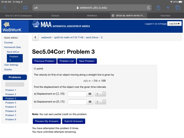 Solved 87% 10:48 AM Fri May 8 m AA webwork.uits.iu.edu | Chegg.com