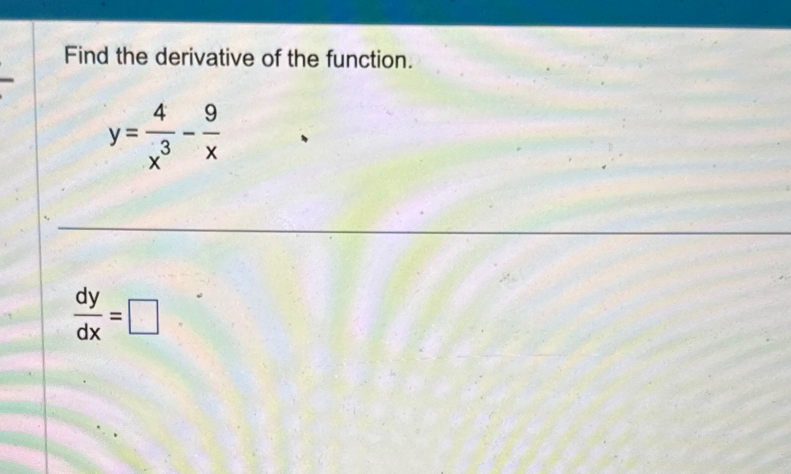 Solved Find the derivative of the function.y=4x3-9xdydx= | Chegg.com