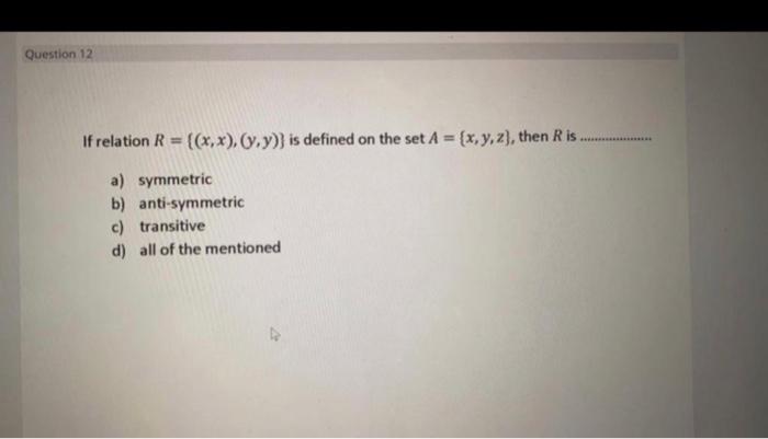 Solved If relation R={(x,x),(y,y)} is defined on the set | Chegg.com