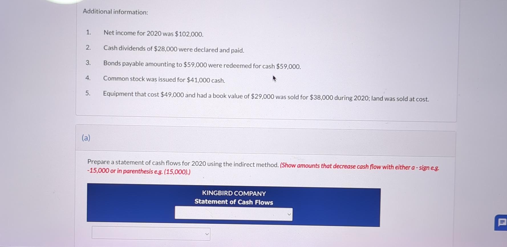 Solved Additional information:\\nNet income for 2020 was | Chegg.com