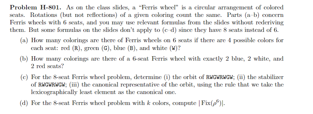 Solved Problem H-801. ﻿As on the class slides, a "Ferris | Chegg.com