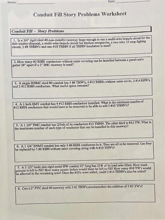 Solved Name: Date: Conduit Fill Story Problems Worksheet | Chegg.com
