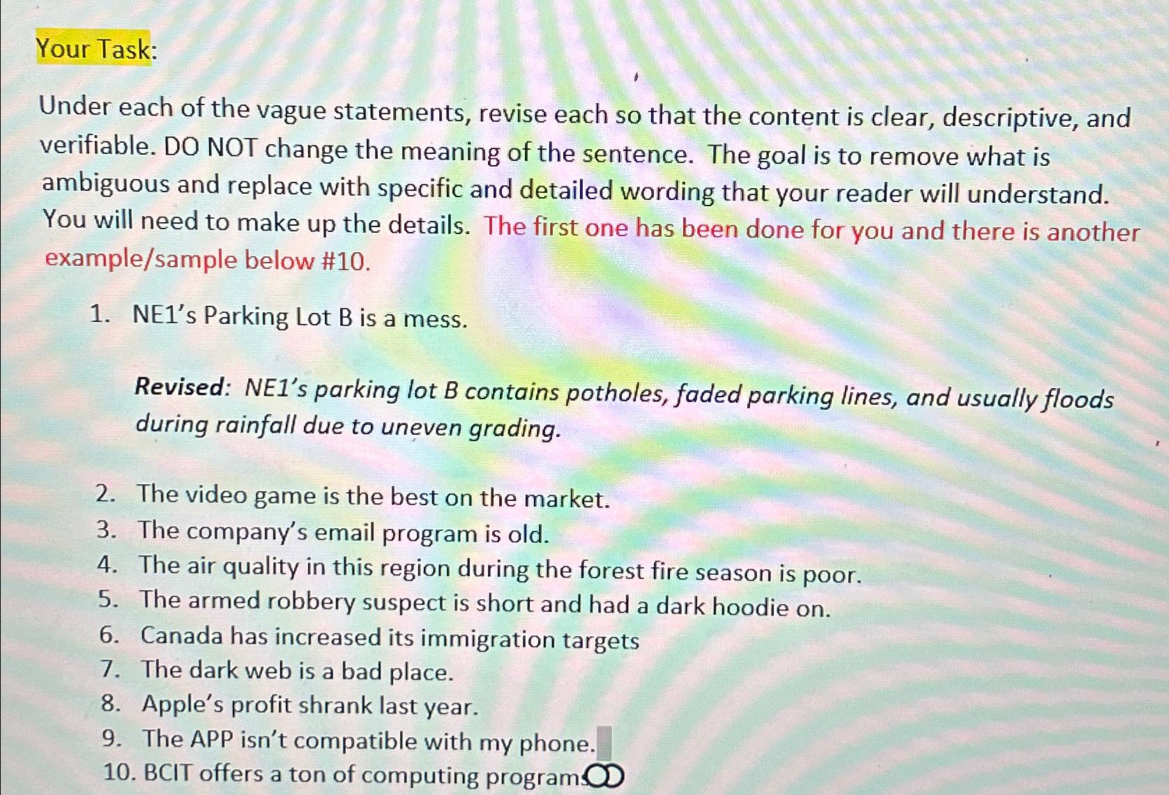 Solved Your Task:Under each of the vague statements, revise | Chegg.com