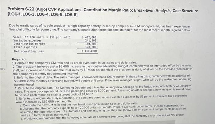 Problem 6-22 (Algo) CVP Applications; Contribution | Chegg.com