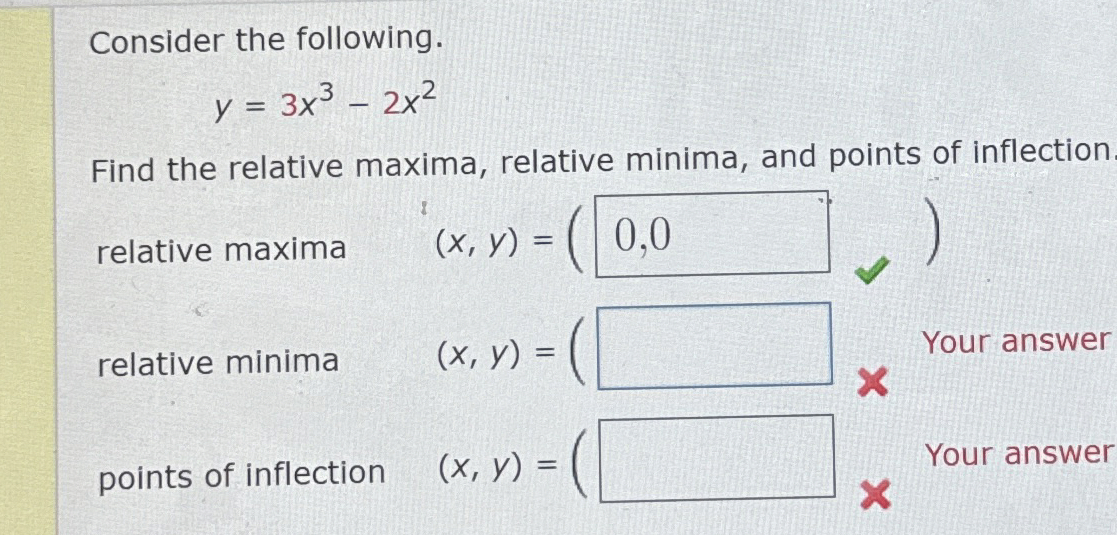Solved Consider the following.y=3x3-2x2Find the relative | Chegg.com
