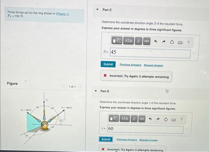 Solved Part A Three forces act on the ring shown in Egure | Chegg.com