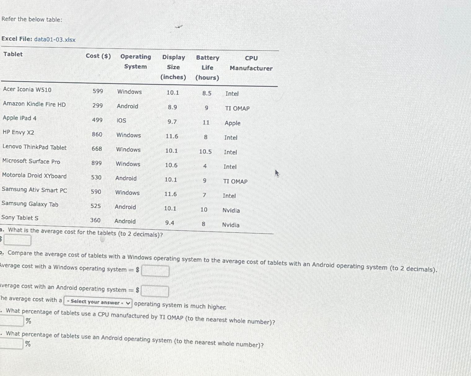 Solved Refer the below table:Excel File: | Chegg.com