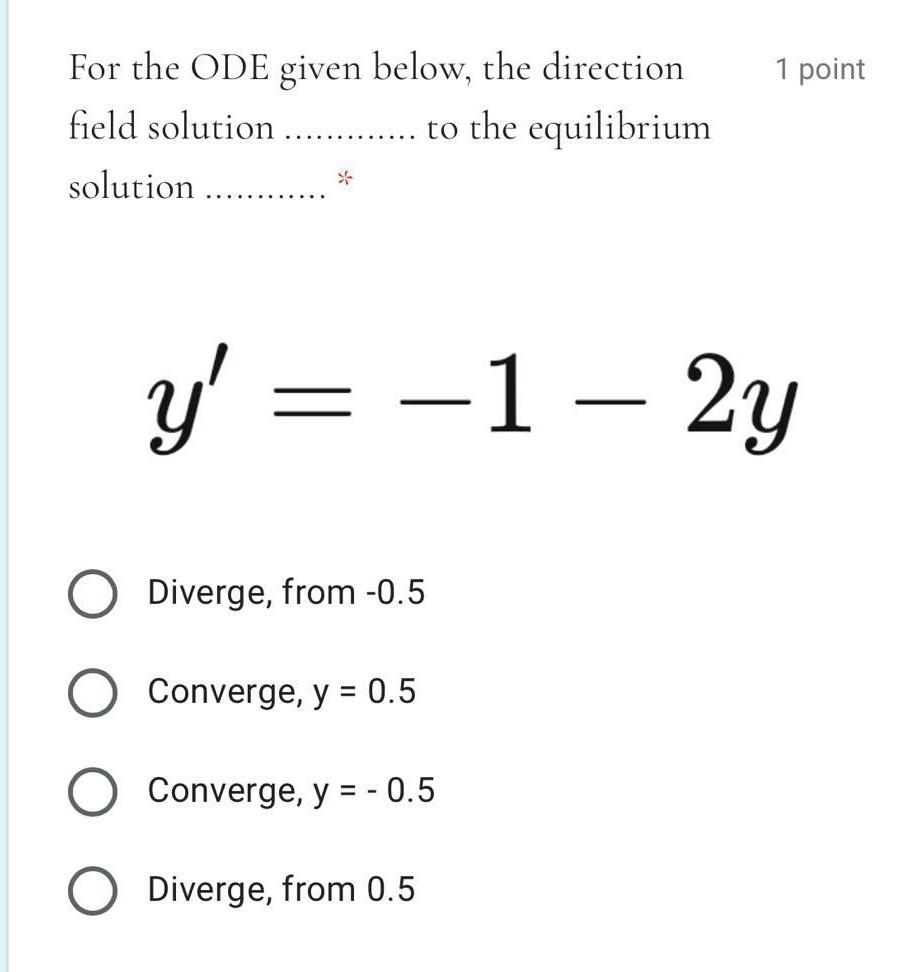 Solved 1 point For the ODE given below, the direction field | Chegg.com