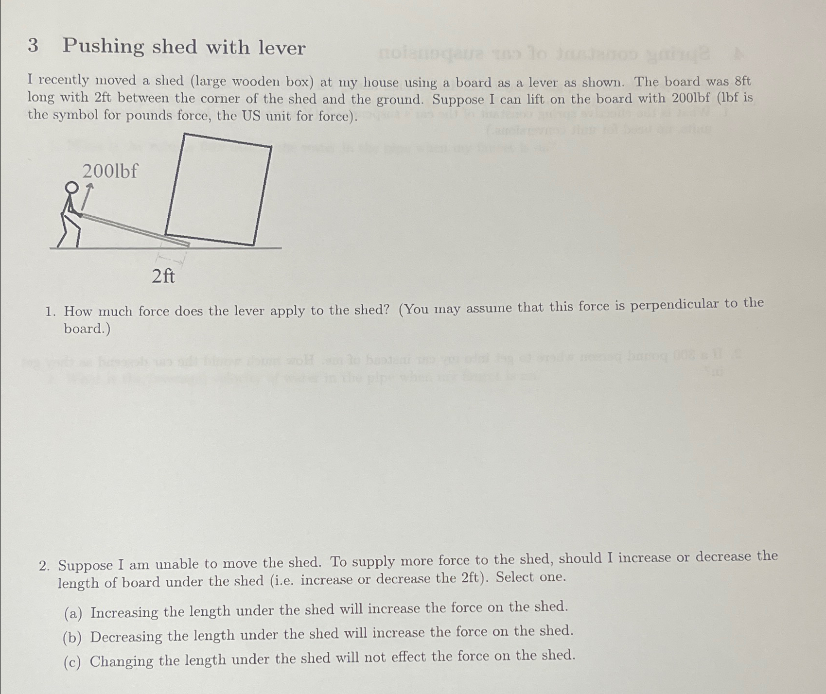 Solved 3 ﻿Pushing shed with leverI recently moved a shed | Chegg.com