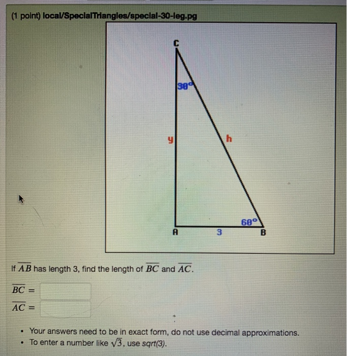 Solved (1 point) local/Special Triangles/special-30-leg.pg | Chegg.com