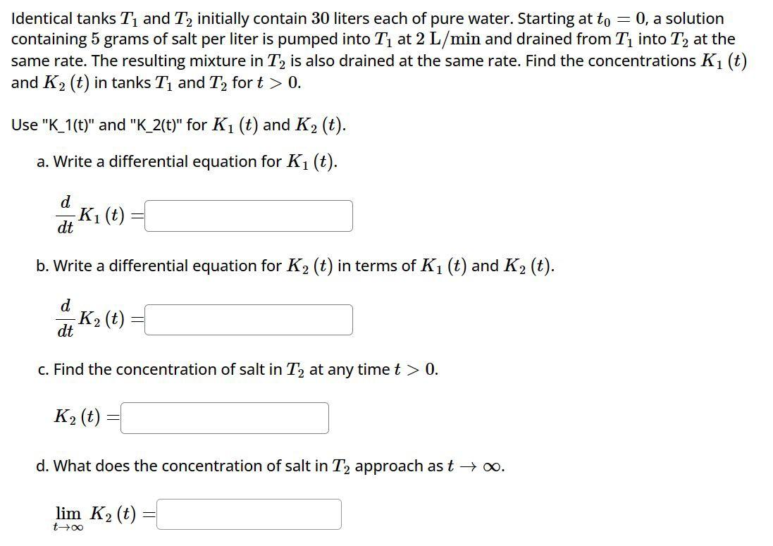 Solved Identical tanks T1 and T2 initially contain 30 liters | Chegg.com