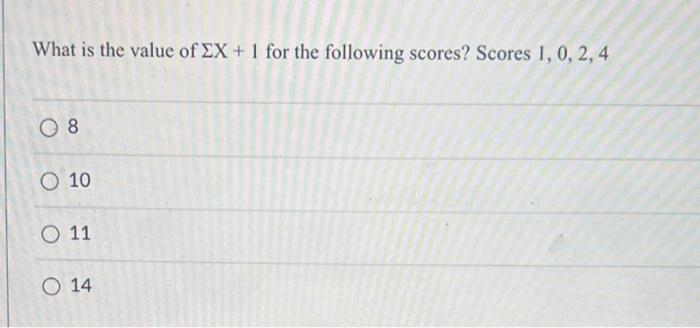 Solved What is the value of ΣX+1 for the following scores? | Chegg.com