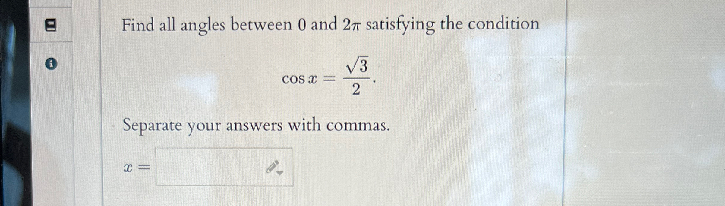 Solved Find all angles between 0 ﻿and 2π ﻿satisfying the | Chegg.com