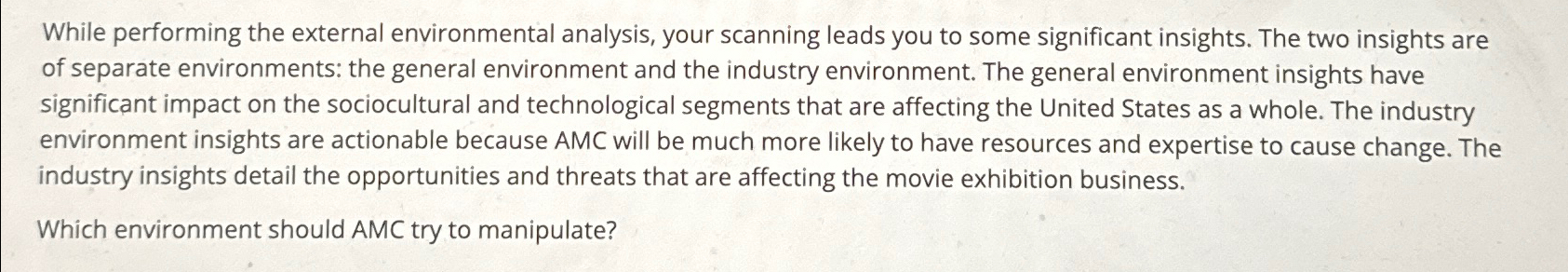 Solved While performing the external environmental analysis, | Chegg.com
