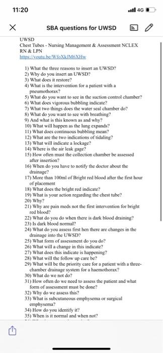 Solved 11:20 ll 4G SBA questions for UWSD UWSD Chest Tubes - | Chegg.com