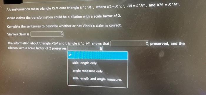 Solved A transformation maps triangle KLM onto triangle | Chegg.com