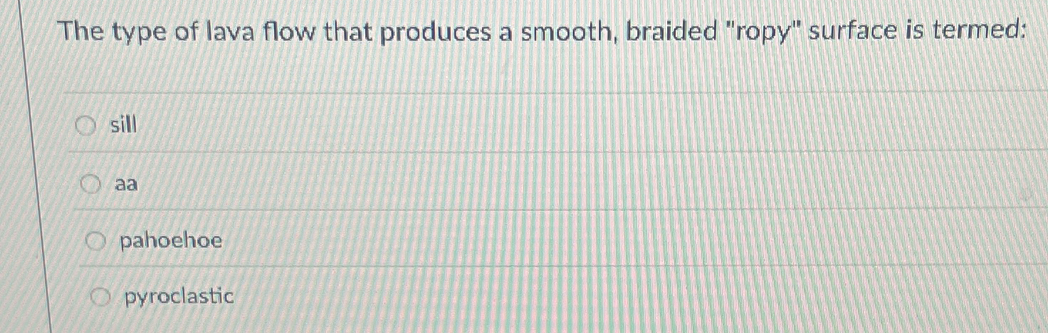 Solved The type of lava flow that produces a smooth, braided | Chegg.com | Chegg.com