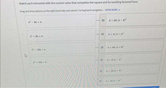 Solved Match each trinomial with the correct value that | Chegg.com