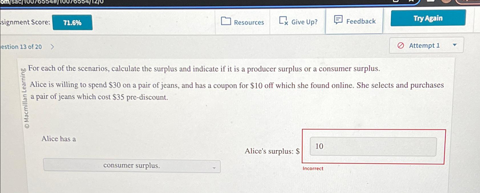 Solved signment Score:ResourcesGive Up?Feedbackestion 13 ﻿of | Chegg.com