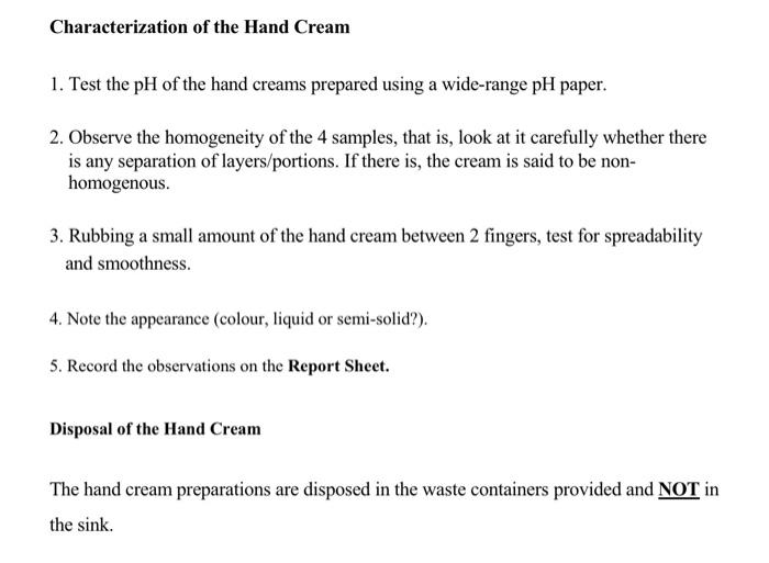 Solved Table 1. Recipes to Prepare Hand Cream (" Note: | Chegg.com