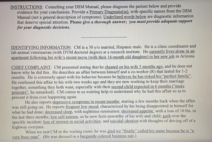 Solved INSTRUCTIONS: Consulting your DSM Manual, please | Chegg.com