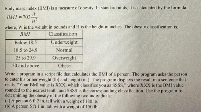 Solved Body mass index (BMI) is a measure of obesity. In | Chegg.com