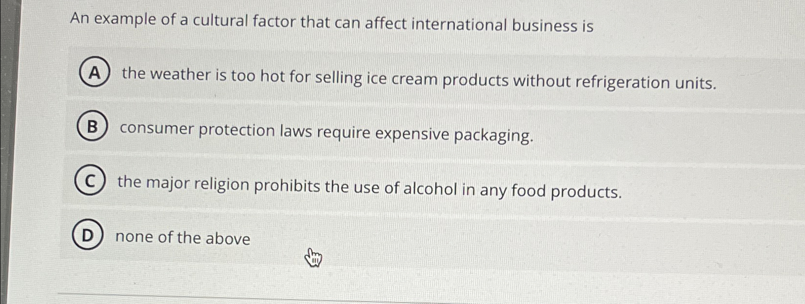Solved An example of a cultural factor that can affect | Chegg.com