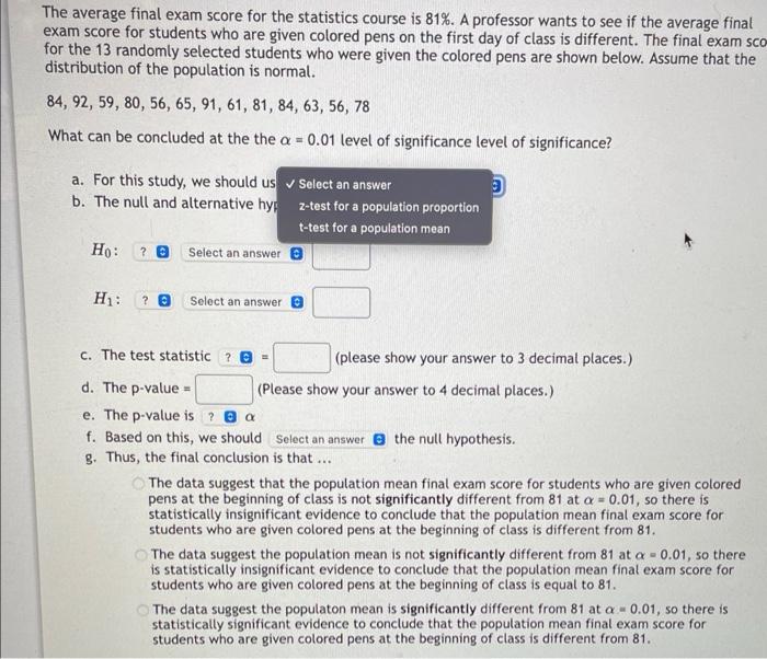 Solved The average final exam score for the statistics | Chegg.com