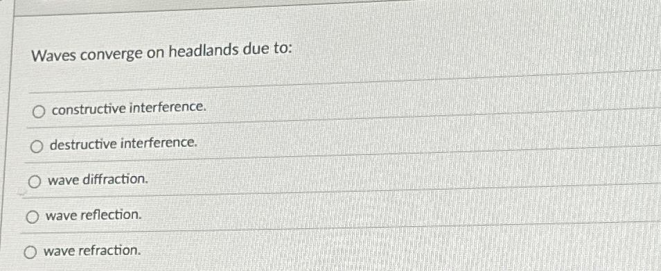 Solved Waves converge on headlands due to:constructive | Chegg.com