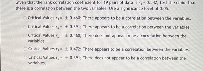 Solved Given that the rank correlation coefficient for 19 | Chegg.com