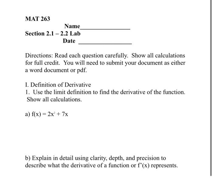 Solved MAT 263 Name Section 2.1-2.2 Lab Date Directions: | Chegg.com