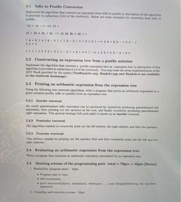 Solved 2.1 Infix to Postfix Conversion Implement the | Chegg.com