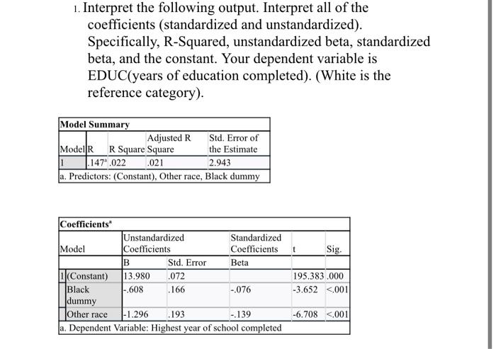 1. Interpret the following output. Interpret all of | Chegg.com